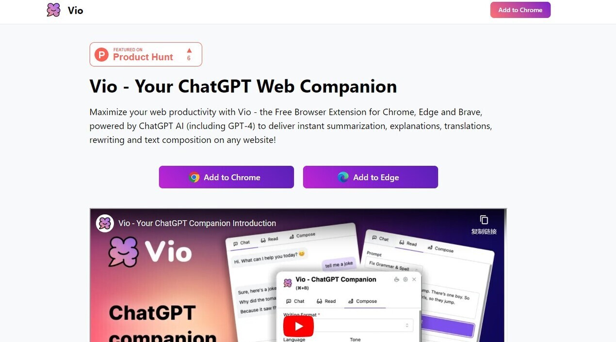 Vio - ChatGPT Web Companion - Boost Web Productivity with AI: Summarize, Translate, Create ...